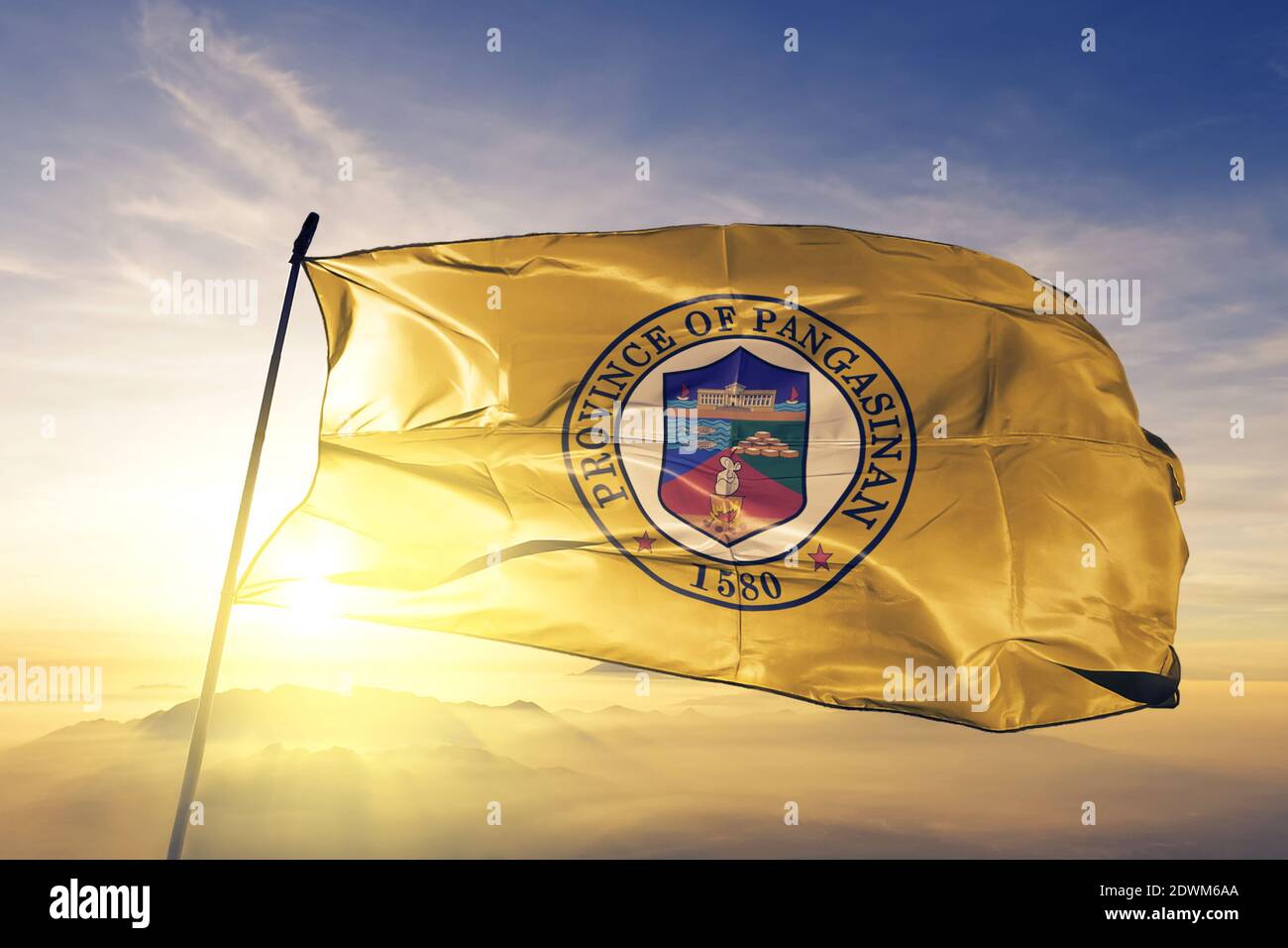 Pangasinan province of Philippines flag waving on the top sunrise mist ...