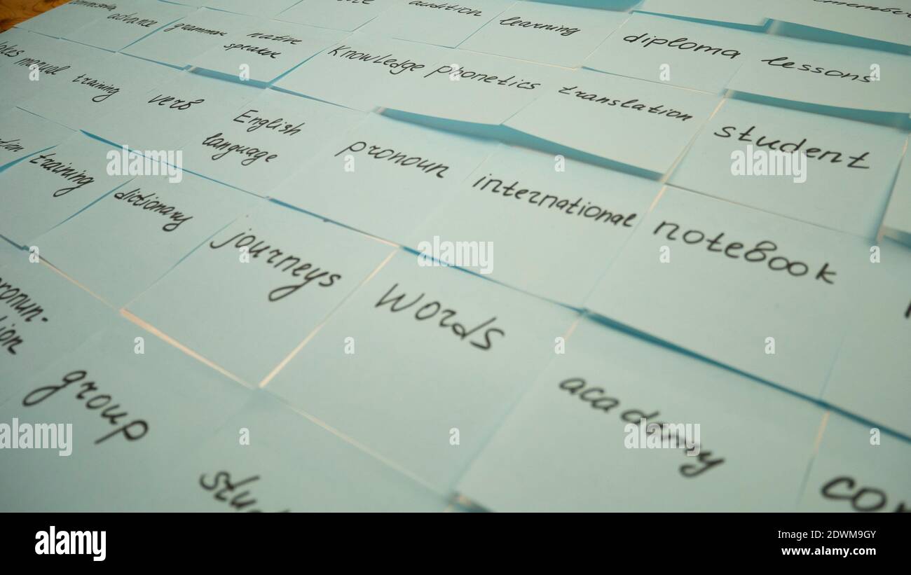 Education tags on stickers. Education, blue adhesive sticky Stock Photo ...