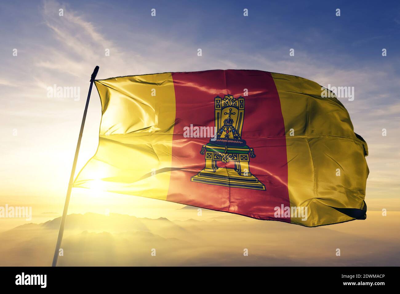 Tver oblast of Russia flag waving on the top sunrise mist fog Stock ...