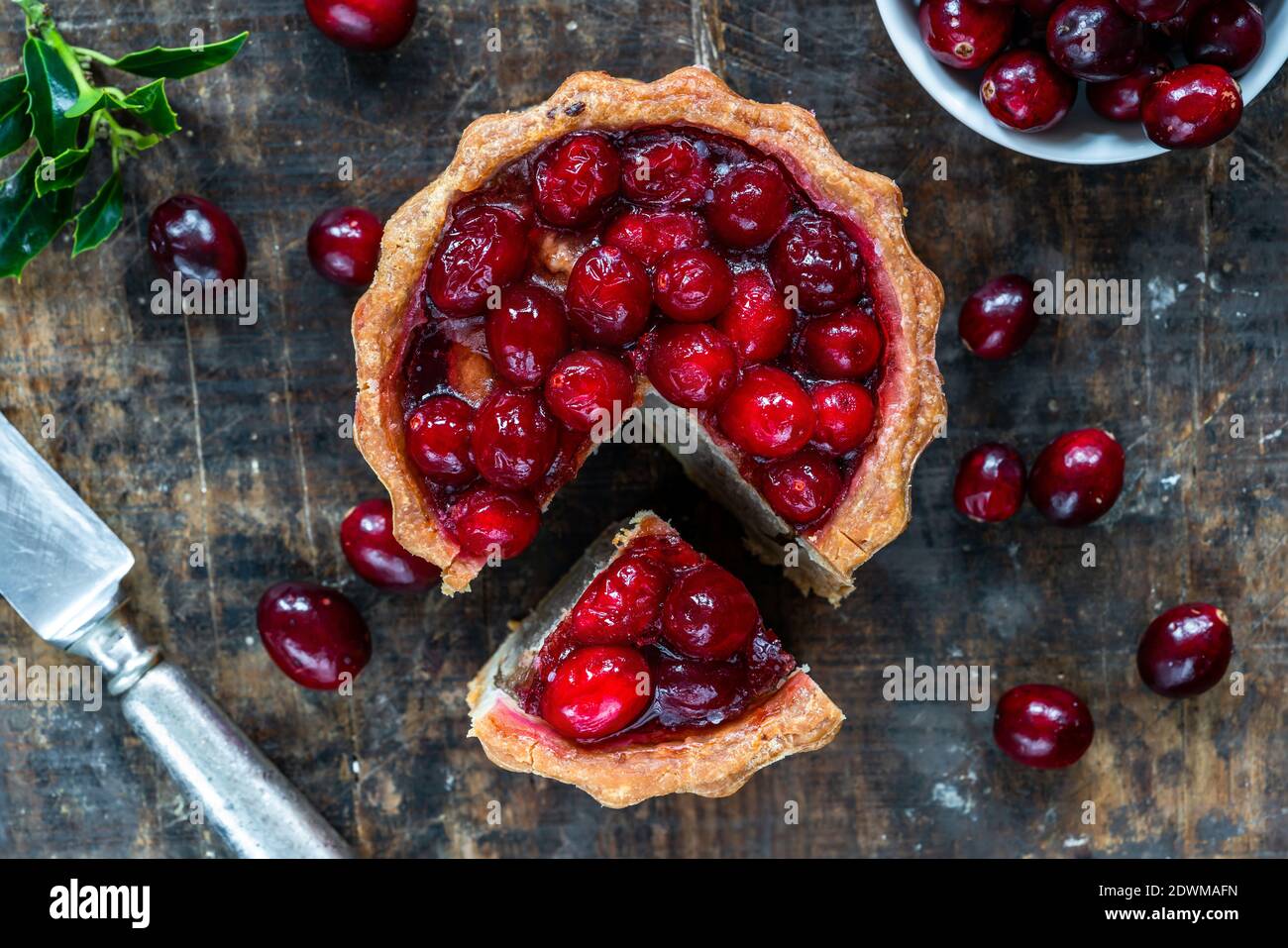 Traditional cranberry topped pork pie - overhead view Stock Photo - Alamy