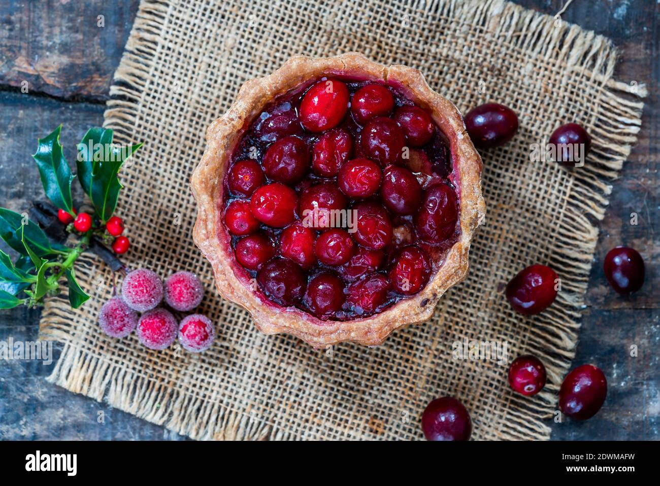 Traditional cranberry topped pork pie - overhead view Stock Photo - Alamy
