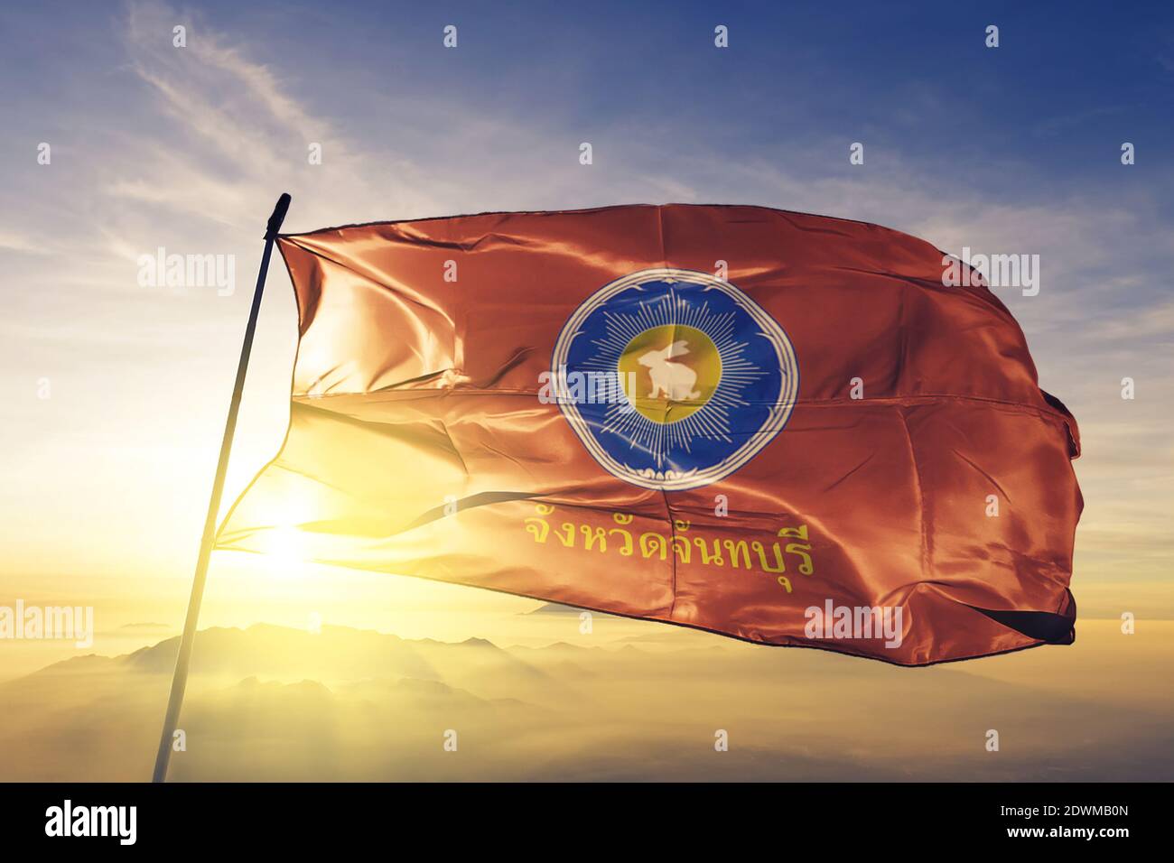 Chanthaburi province of Thailand flag waving on the top sunrise mist ...