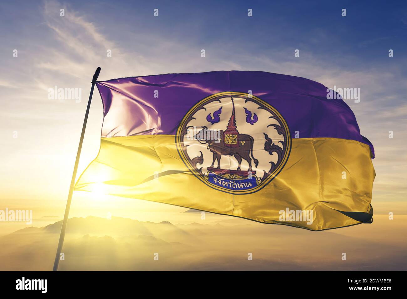 Nan province of Thailand flag waving on the top sunrise mist fog Stock ...