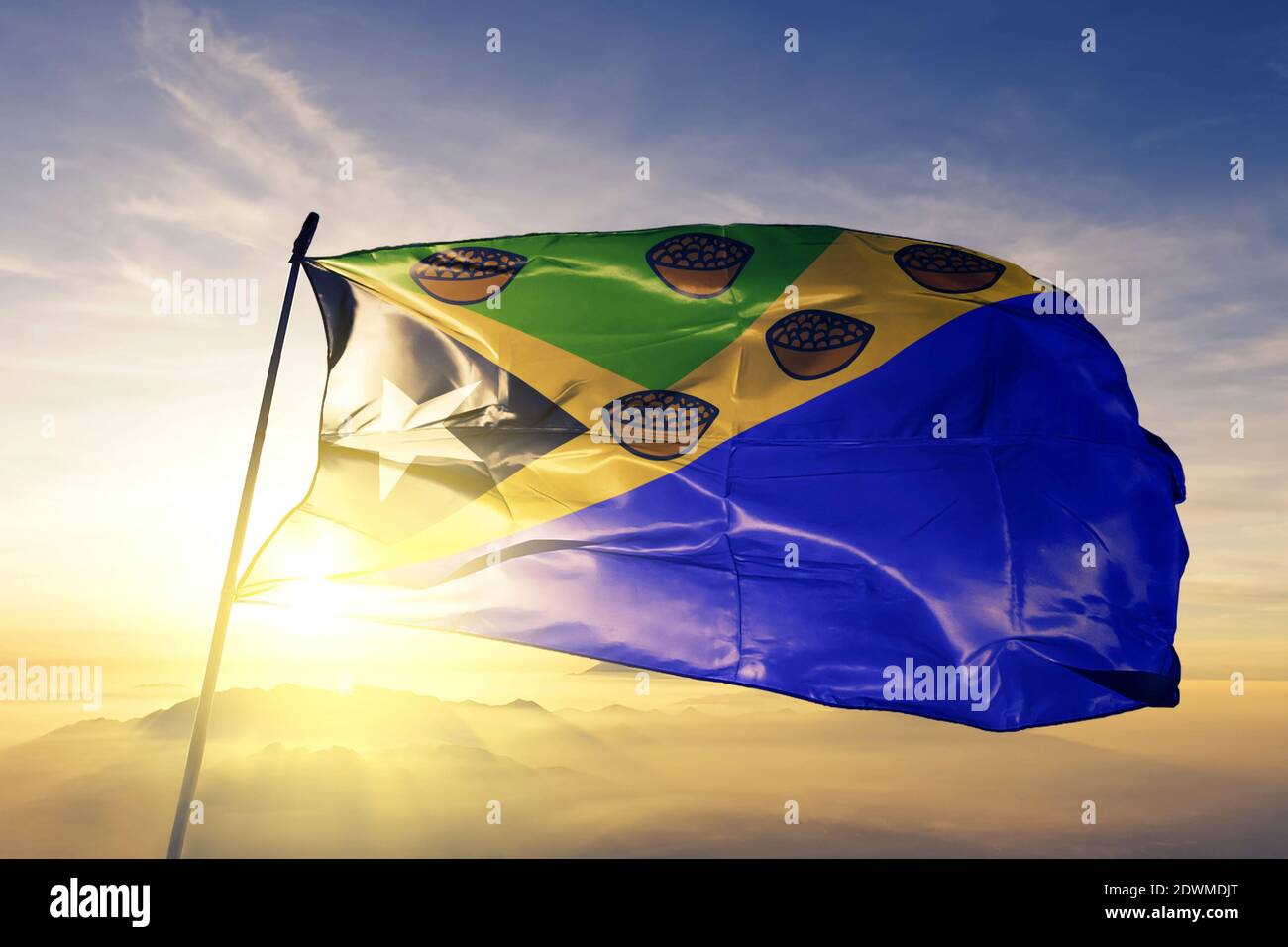 Cova Lima municipality of East Timor flag waving on the top sunrise ...