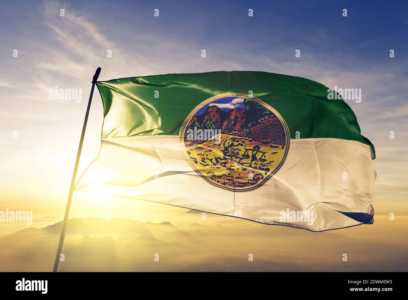 Yala province of Thailand flag waving on the top sunrise mist fog Stock ...