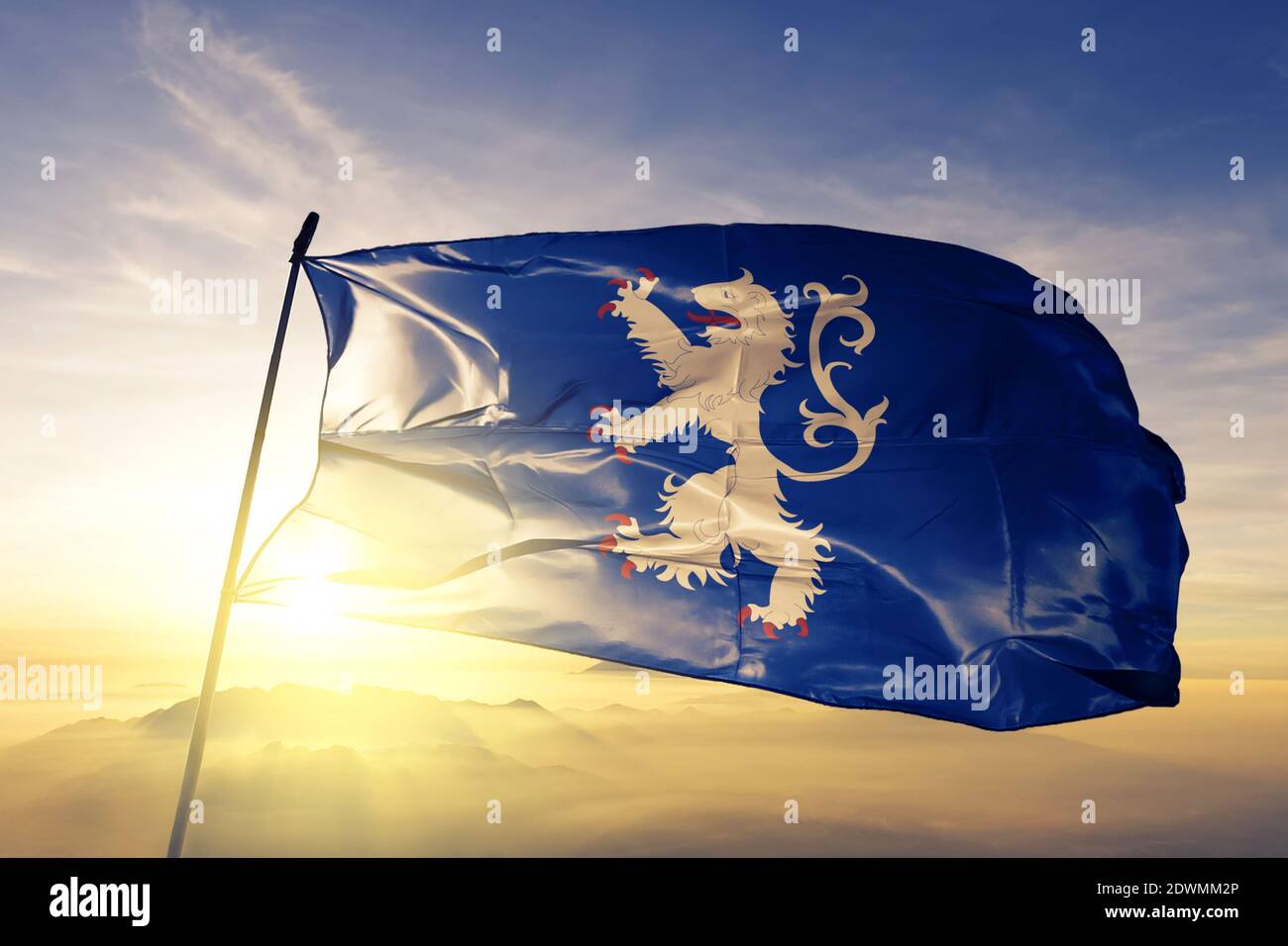 Halland county of Sweden flag waving on the top sunrise mist fog Stock ...