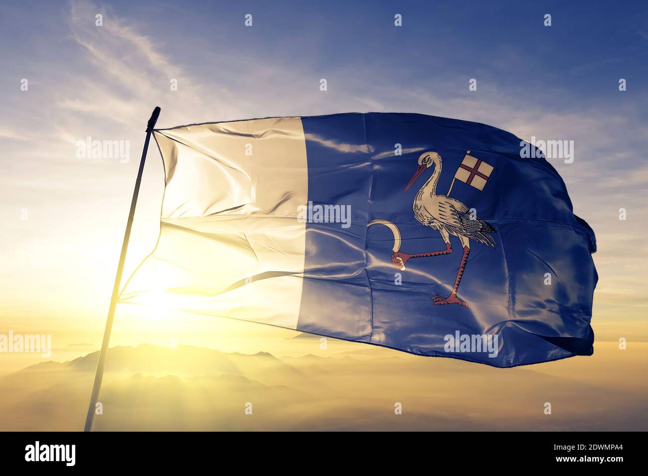 Telenesti district of Moldova flag waving on the top sunrise mist fog ...