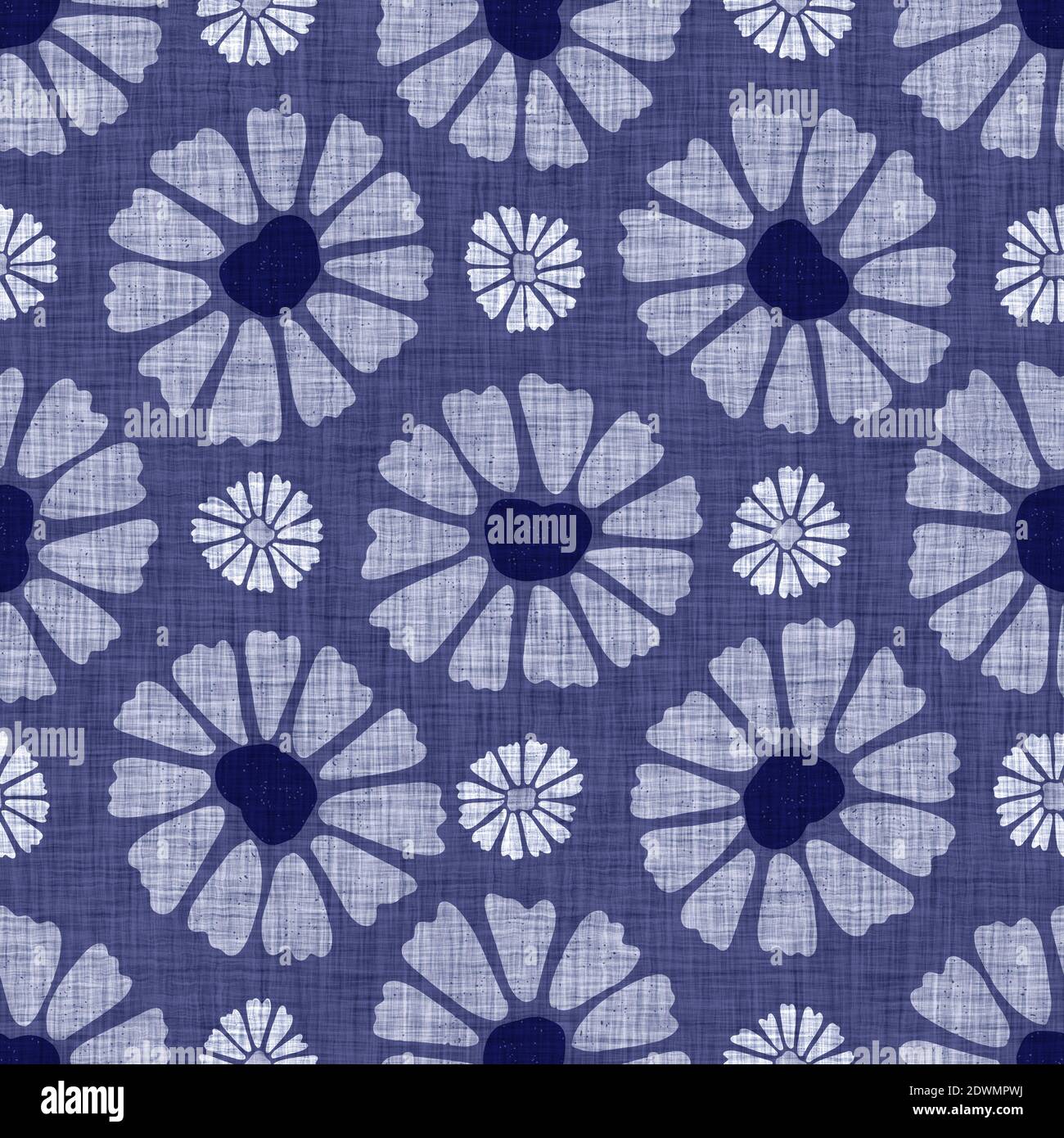 Indigo blue flower block print dyed linen texture background. Seamless ...