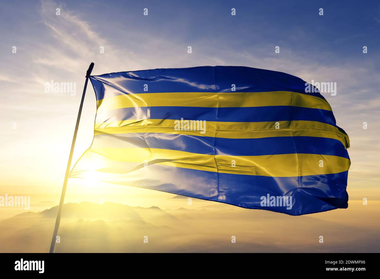 Trnava region of Slovakia flag waving on the top sunrise mist fog Stock ...
