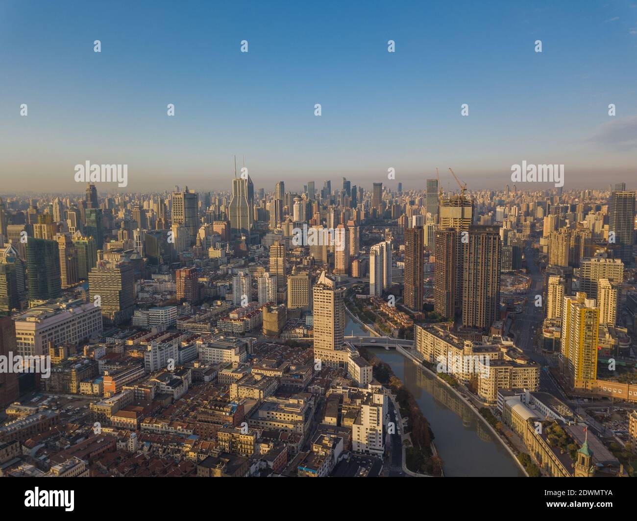 Aerial view of the skyline in Puxi, Shanghai, at sunrise Stock Photo ...