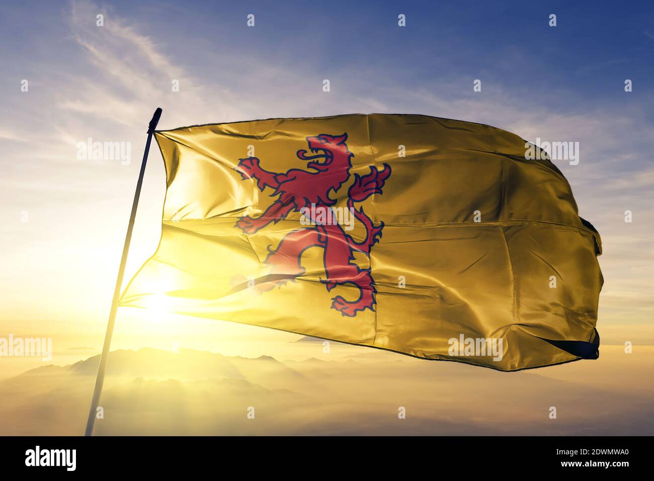 South Holland province of Netherlands flag waving on the top sunrise ...