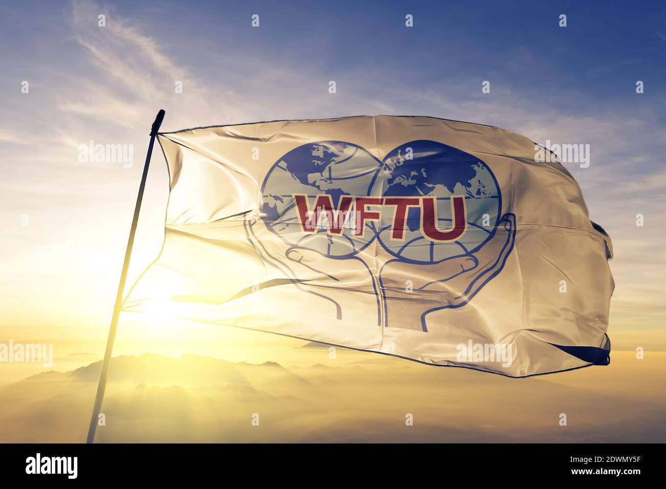 World Federation of Trade Unions WFTU flag waving on the top Stock ...