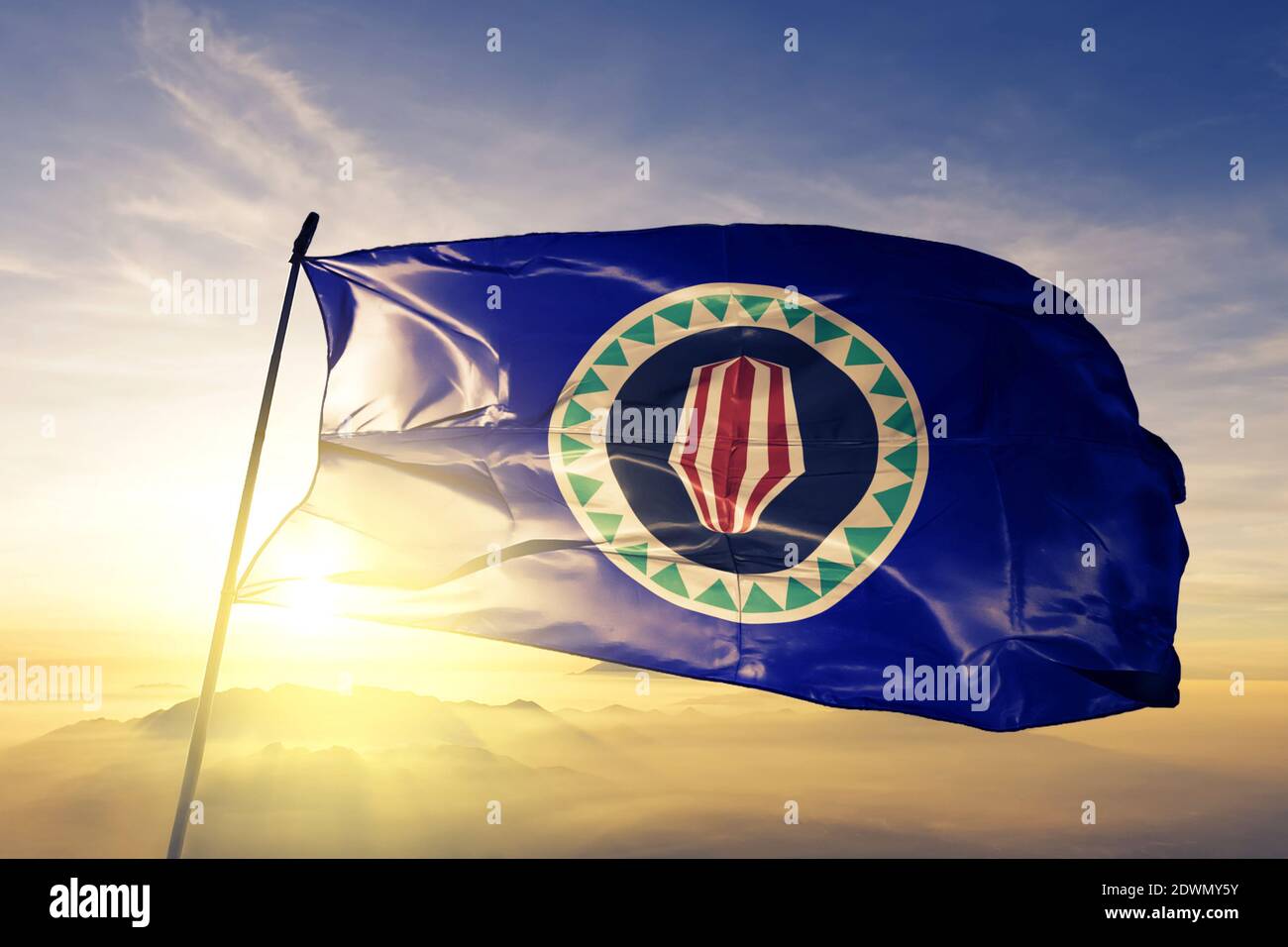 Autonomous Region of Bougainville flag waving on the top sunrise mist ...