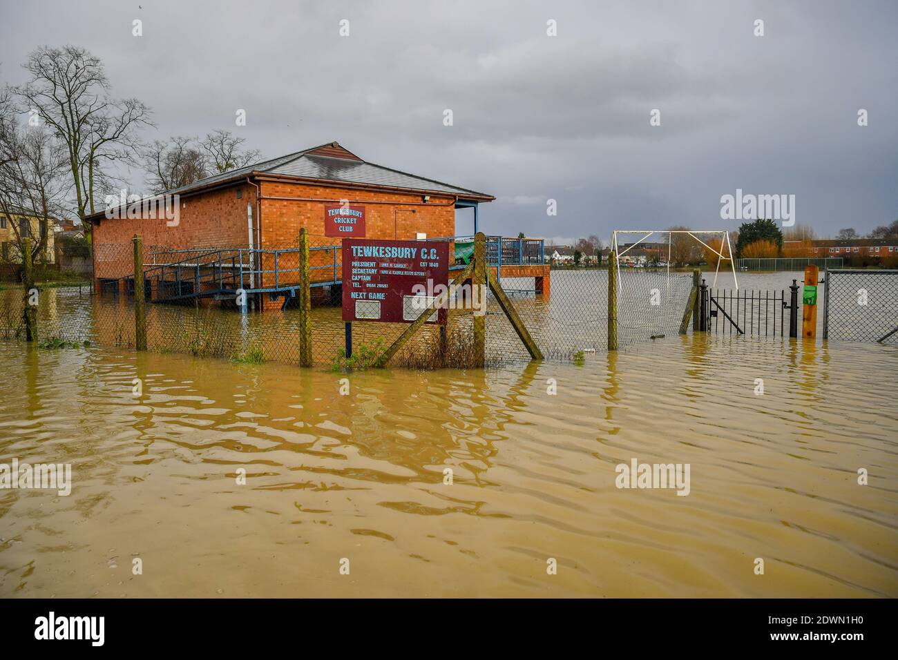 Tewkesbury Cricket Club is flooded near the centre of town, where flood ...