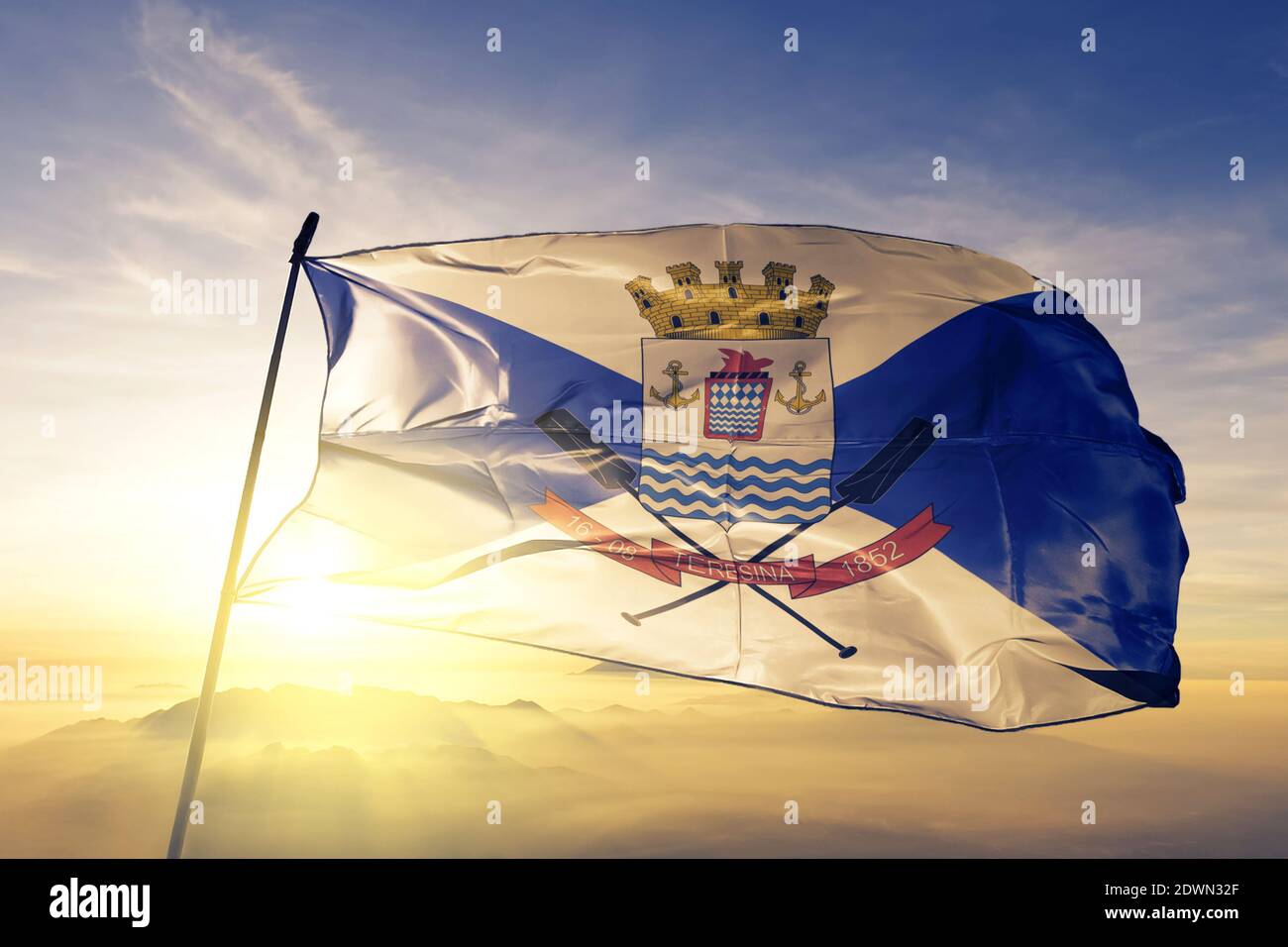 Teresina city of Brazil flag waving on the top sunrise mist fog Stock ...