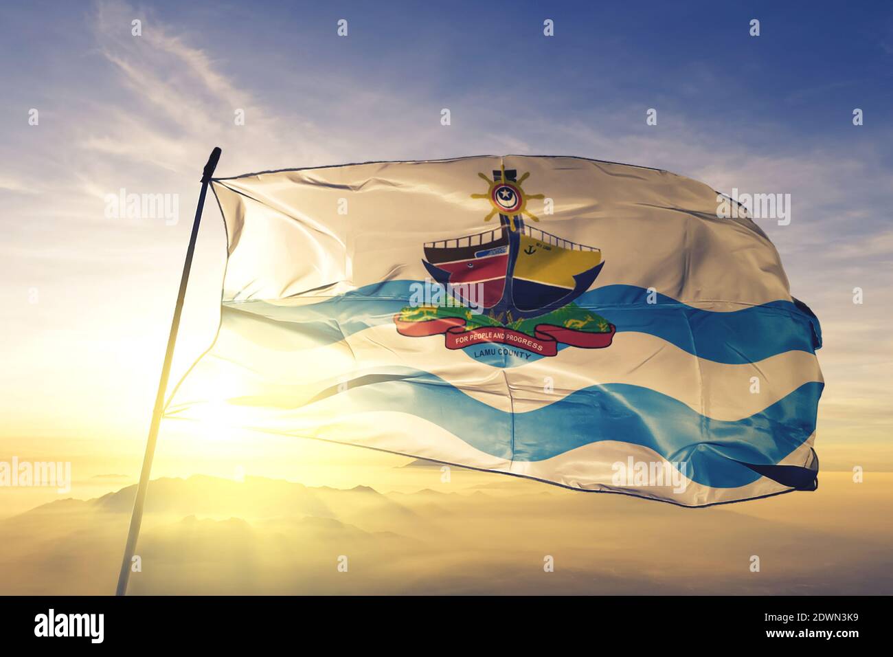 Lamu county of Kenya flag waving on the top sunrise mist fog Stock ...