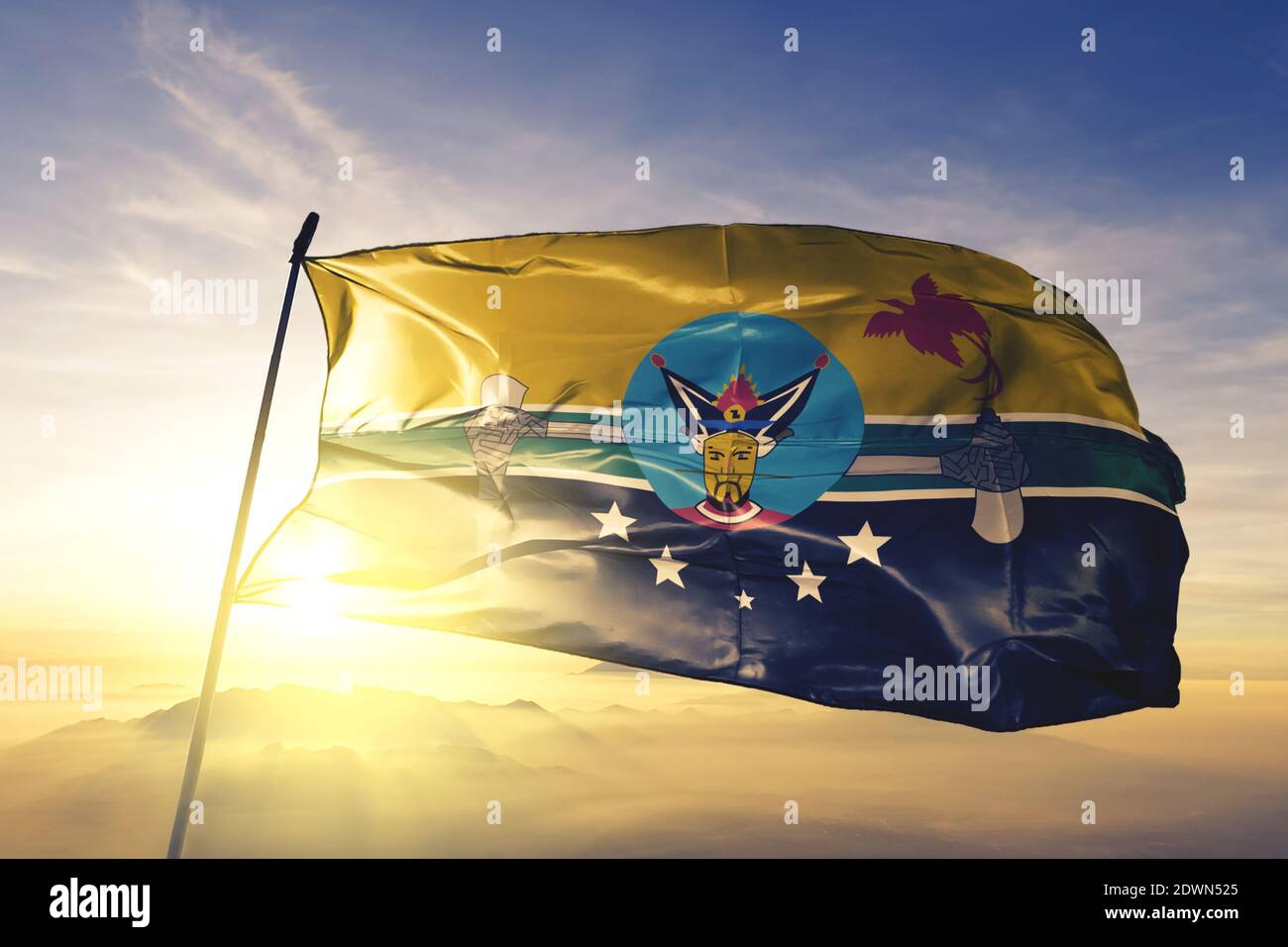 Hela province of Papua New Guinea flag waving on the top sunrise mist ...