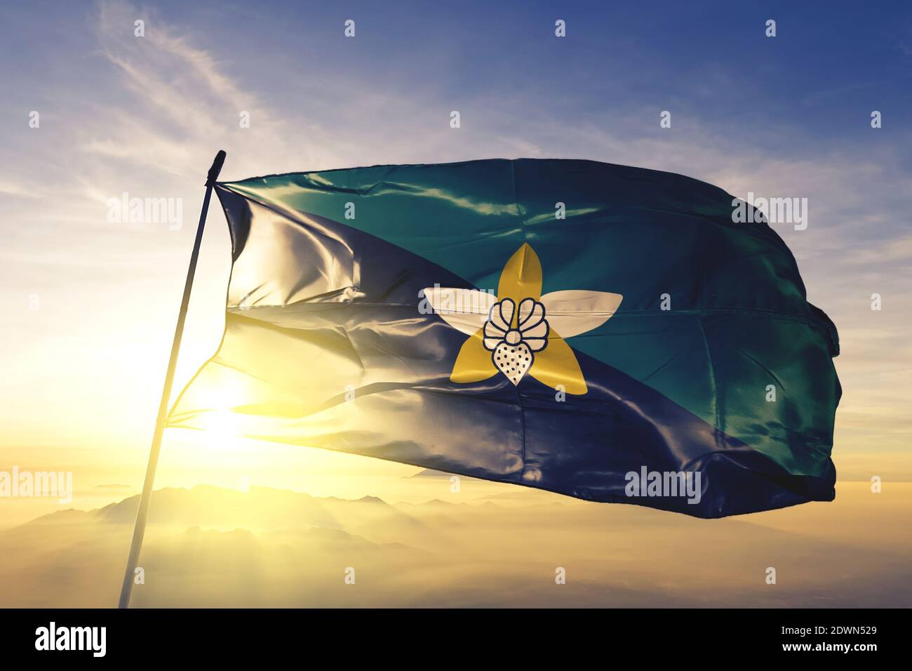 Enga province of Papua New Guinea flag waving on the top sunrise mist ...