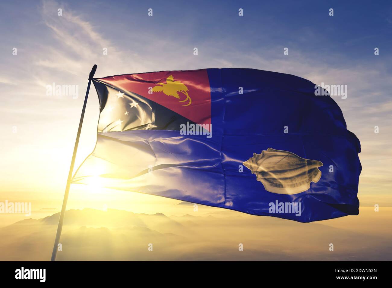 West New Britain province of Papua New Guinea flag sunrise mist fog ...