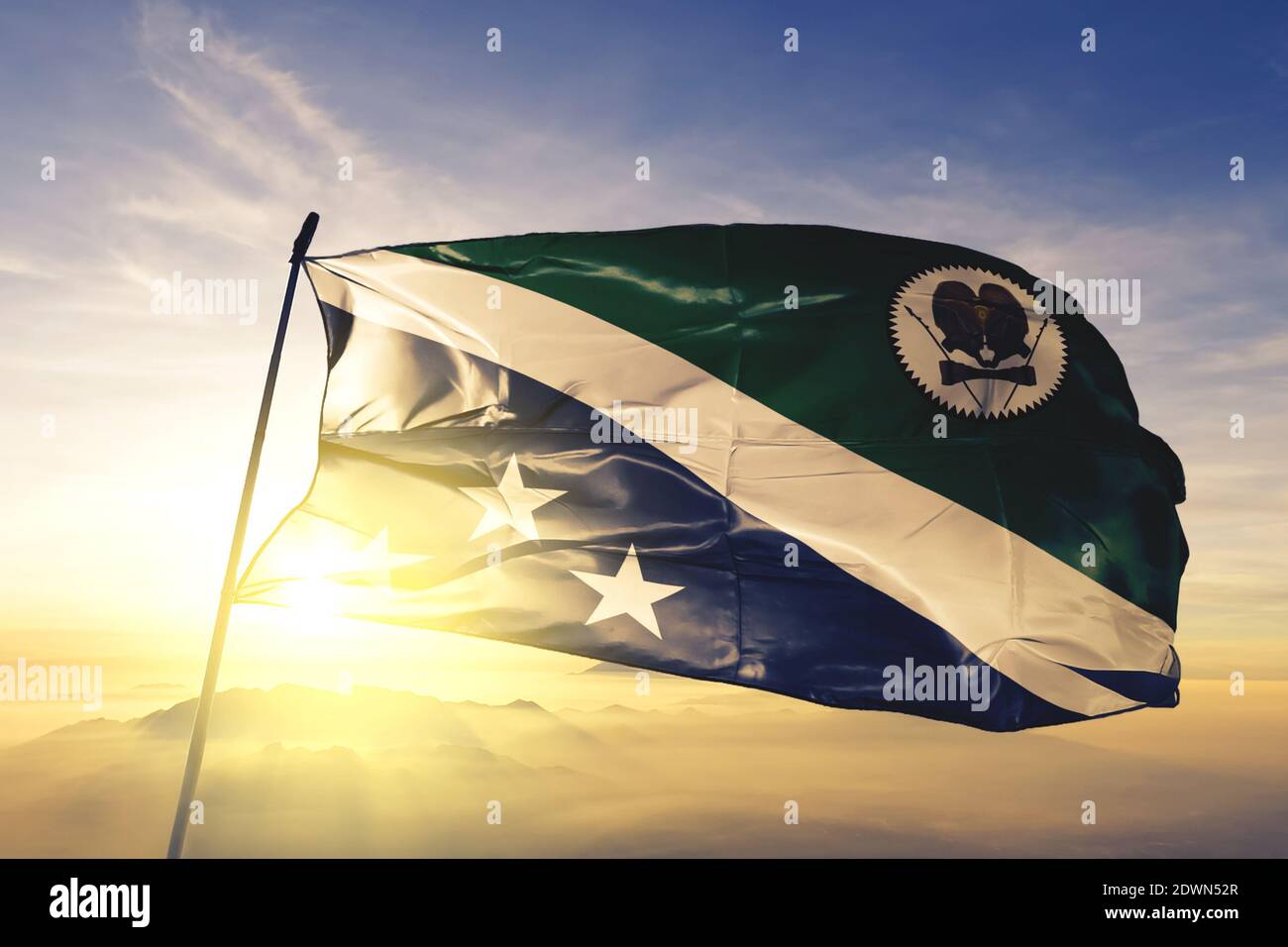 Western Highlands province of Papua New Guinea flag sunrise mist fog ...