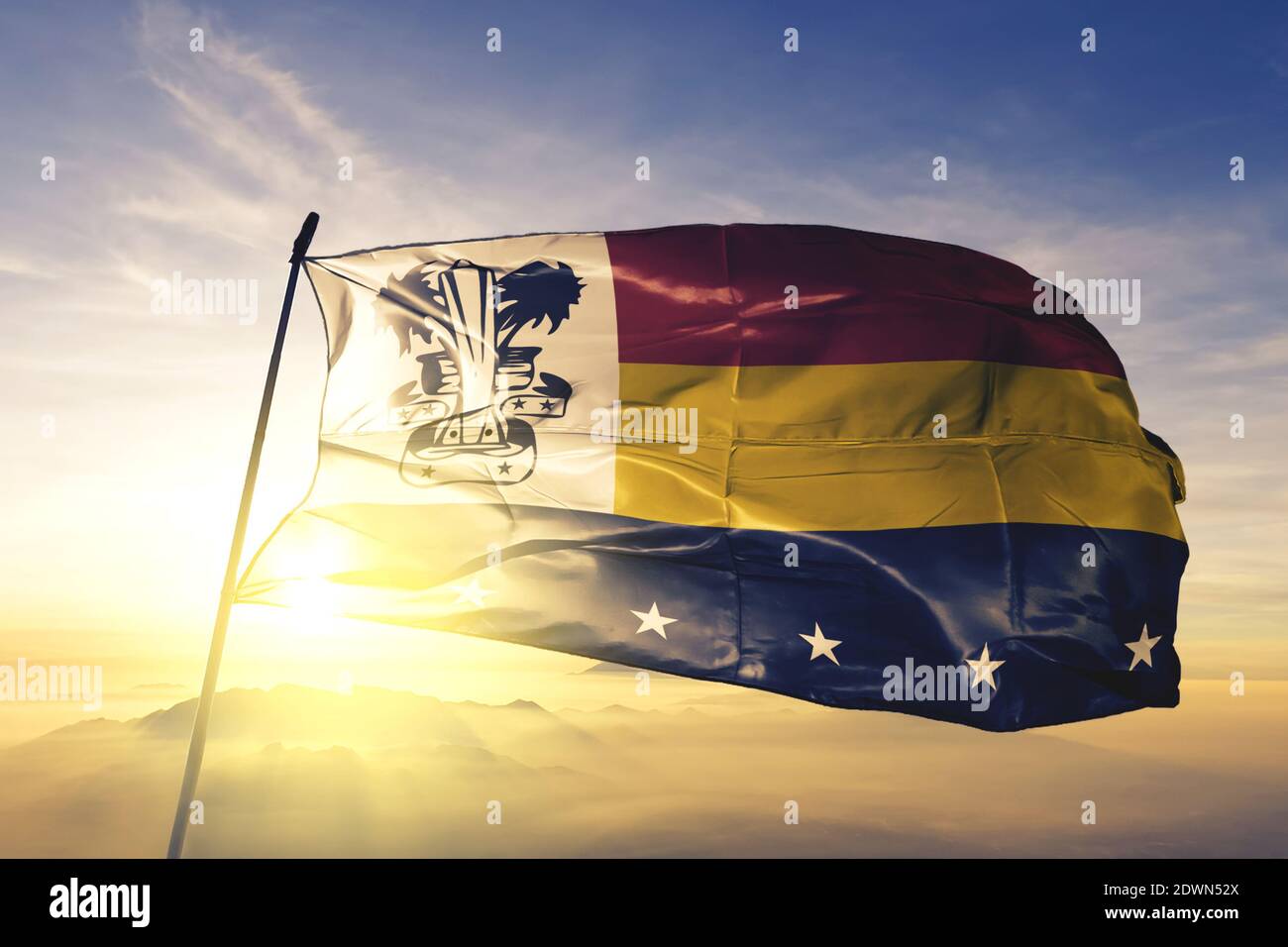 Madang province of Papua New Guinea flag waving on the top sunrise mist ...