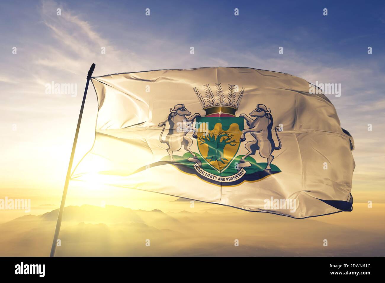 Limpopo province of South Africa flag waving on the top sunrise mist ...