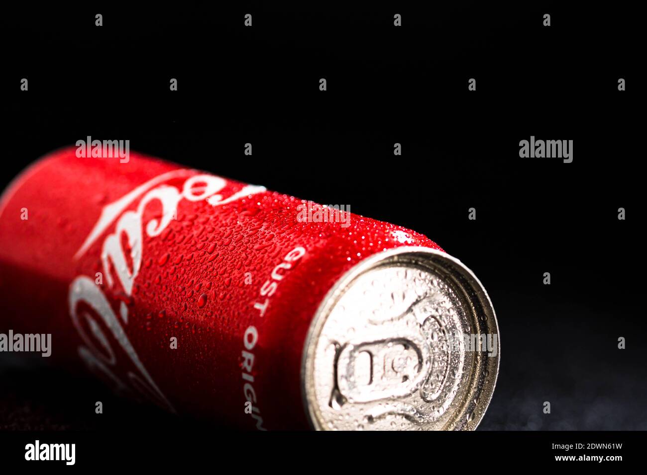Water droplets on classic Coca-Cola can on black background. Studio ...
