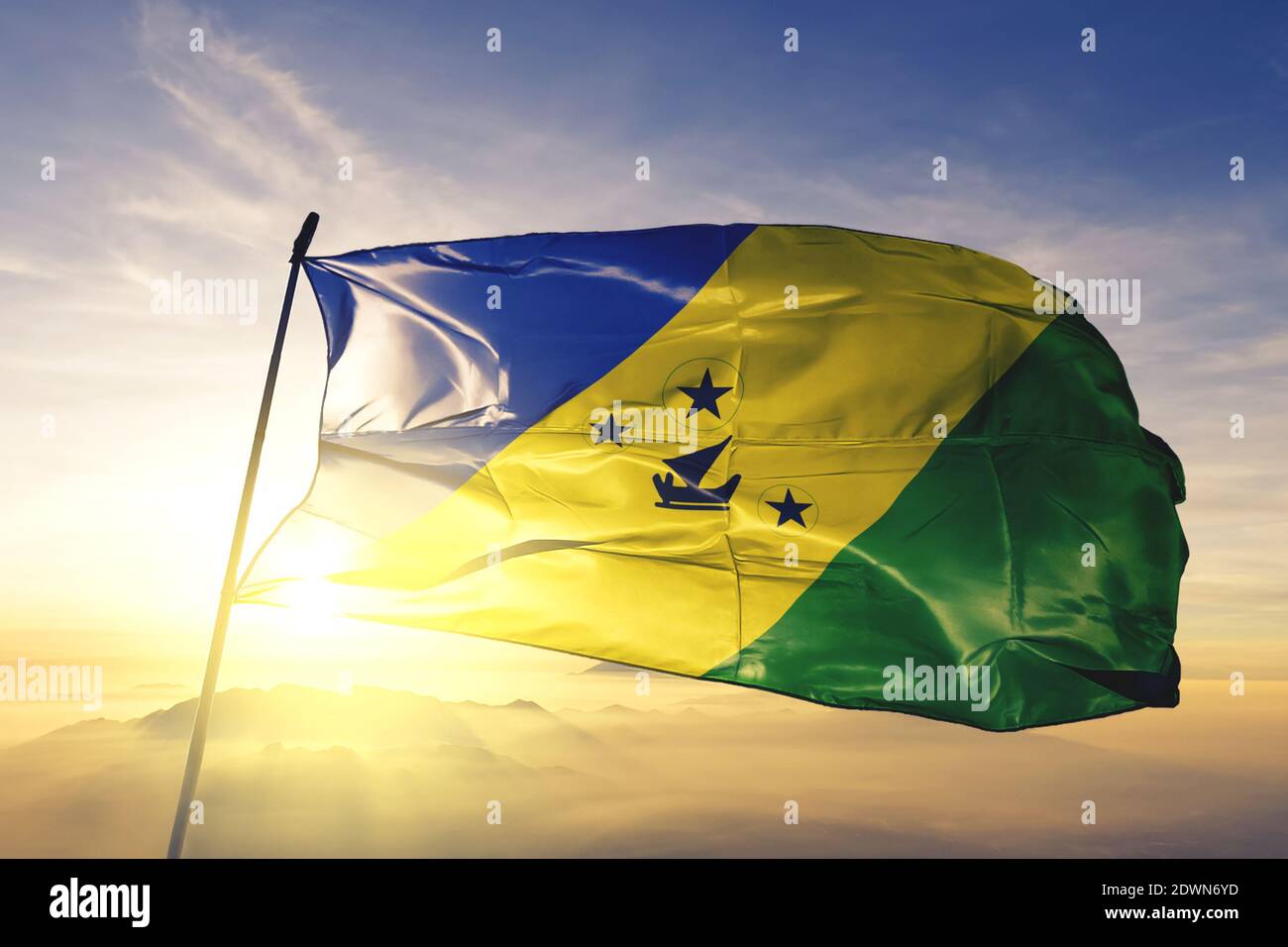Torba province of Vanuatu flag waving on the top sunrise mist fog Stock ...