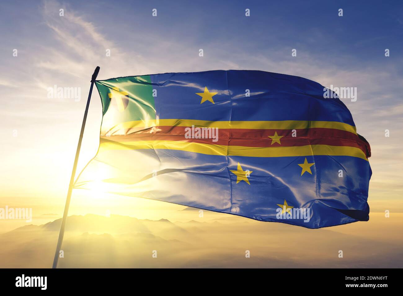 Tafea province of Vanuatu flag waving on the top sunrise mist fog Stock ...