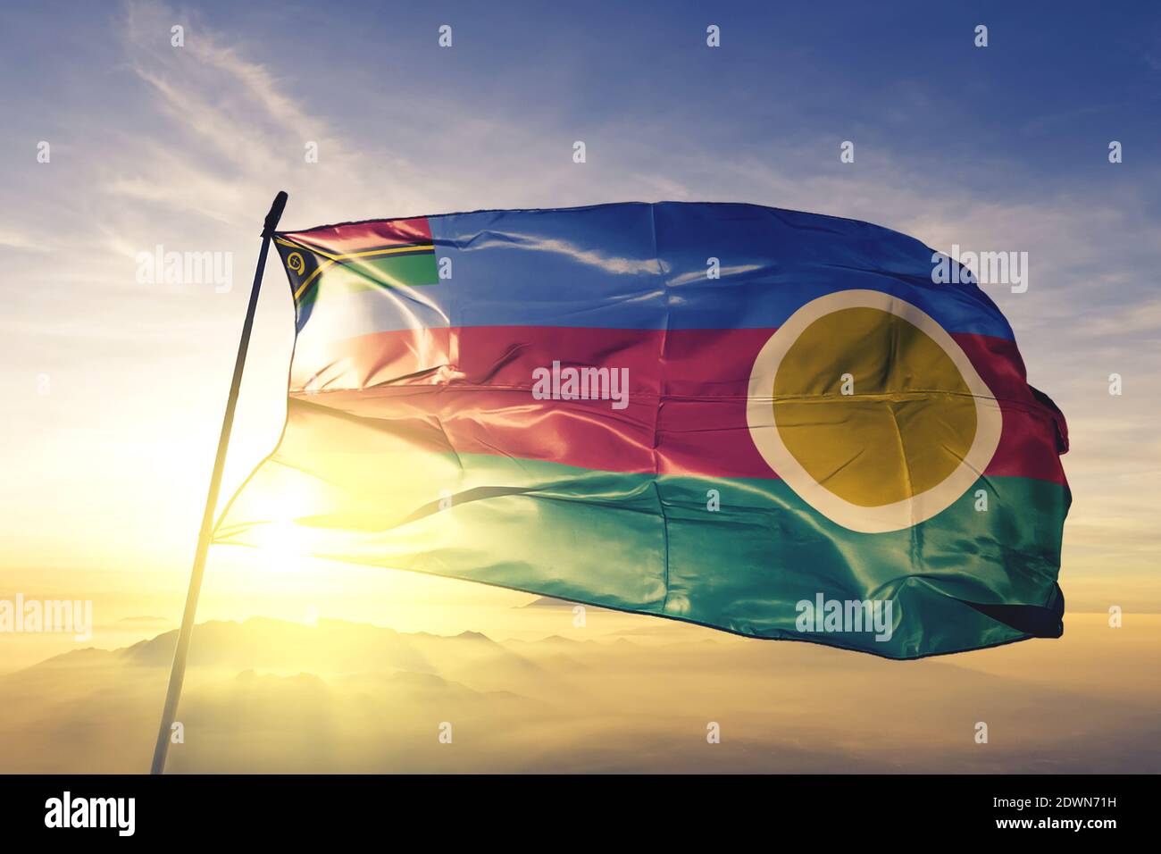 Shefa province of Vanuatu flag waving on the top sunrise mist fog Stock ...