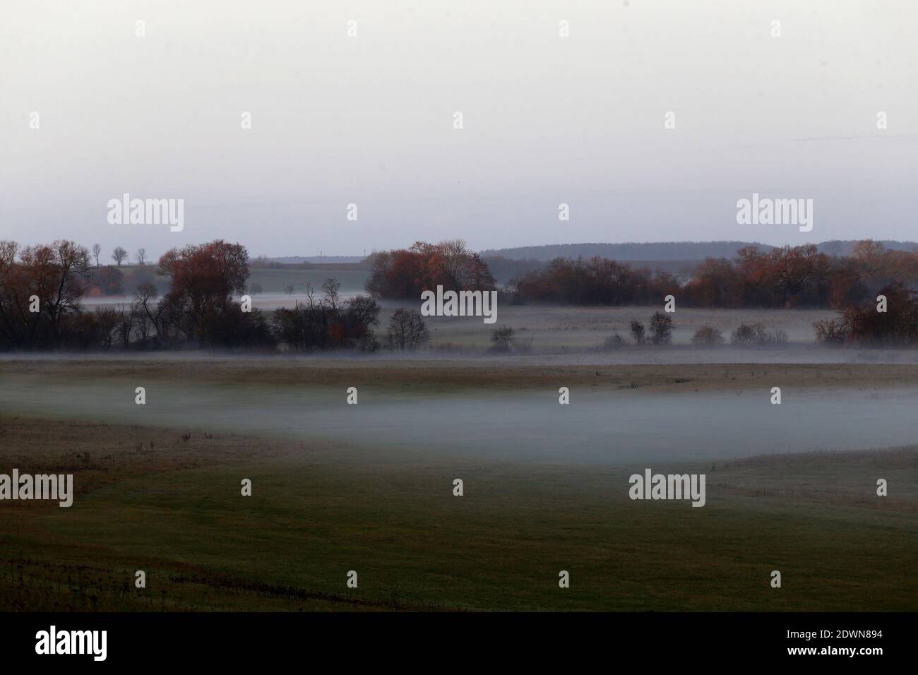 Autumn landscape in Lithuania in the early morning with meadows and fog ...