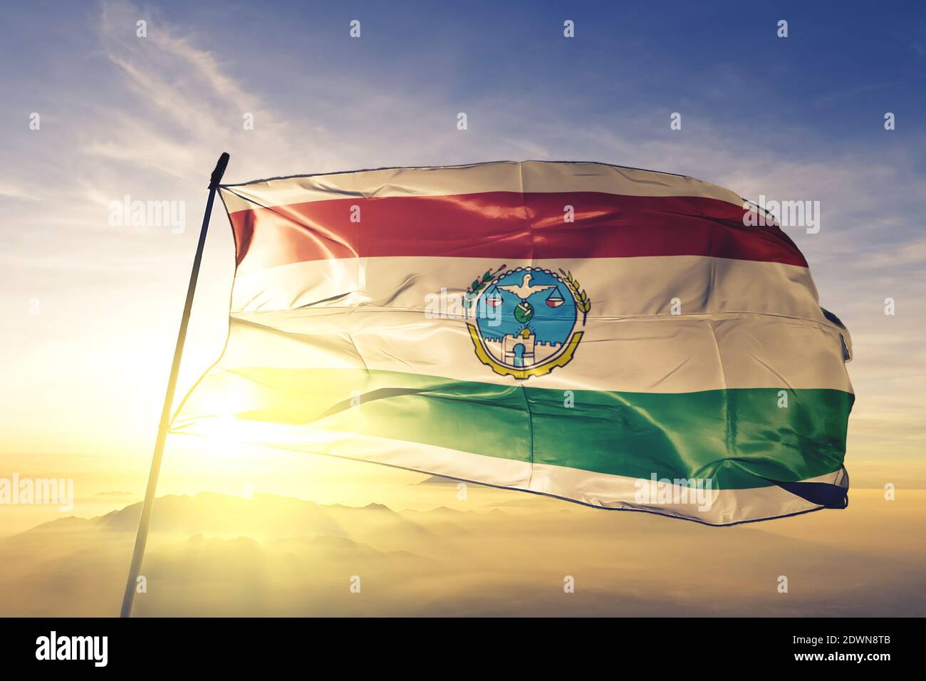 Harari region of Ethiopia flag waving on the top sunrise mist fog Stock ...