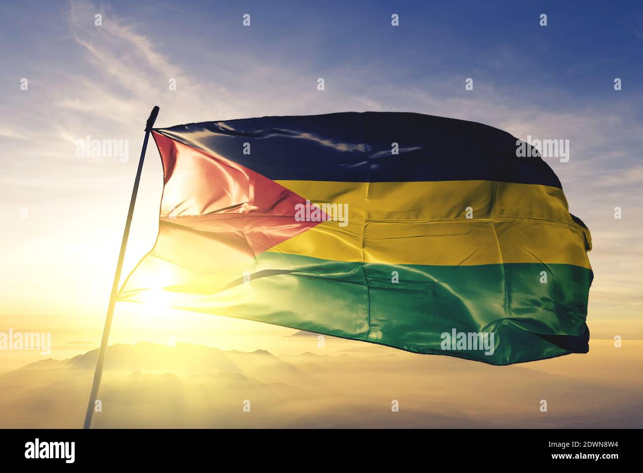 Benishangul-Gumuz region of Ethiopia flag waving on the top sunrise ...