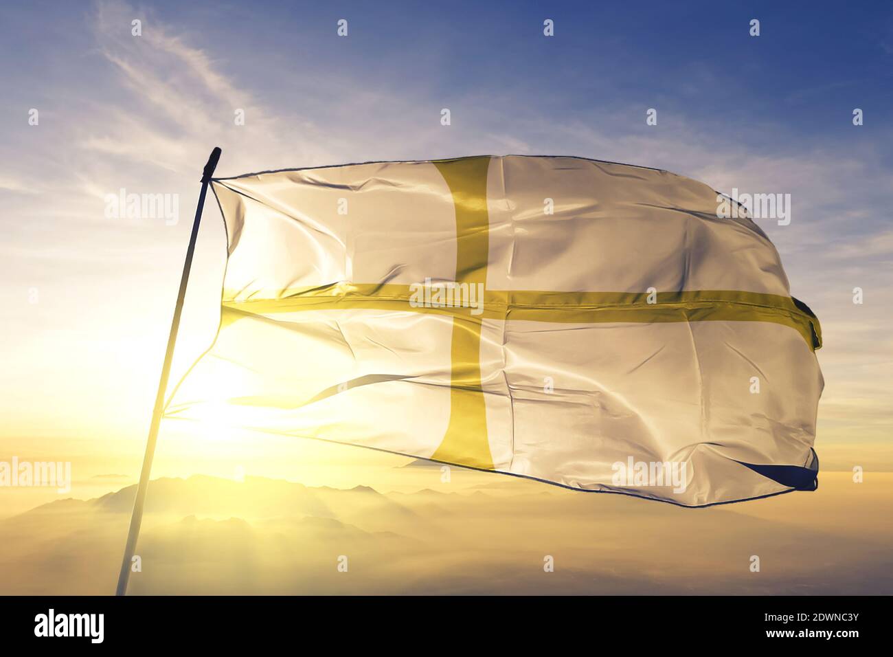 Nord-Trondelag county of Norway flag waving on the top sunrise mist fog ...