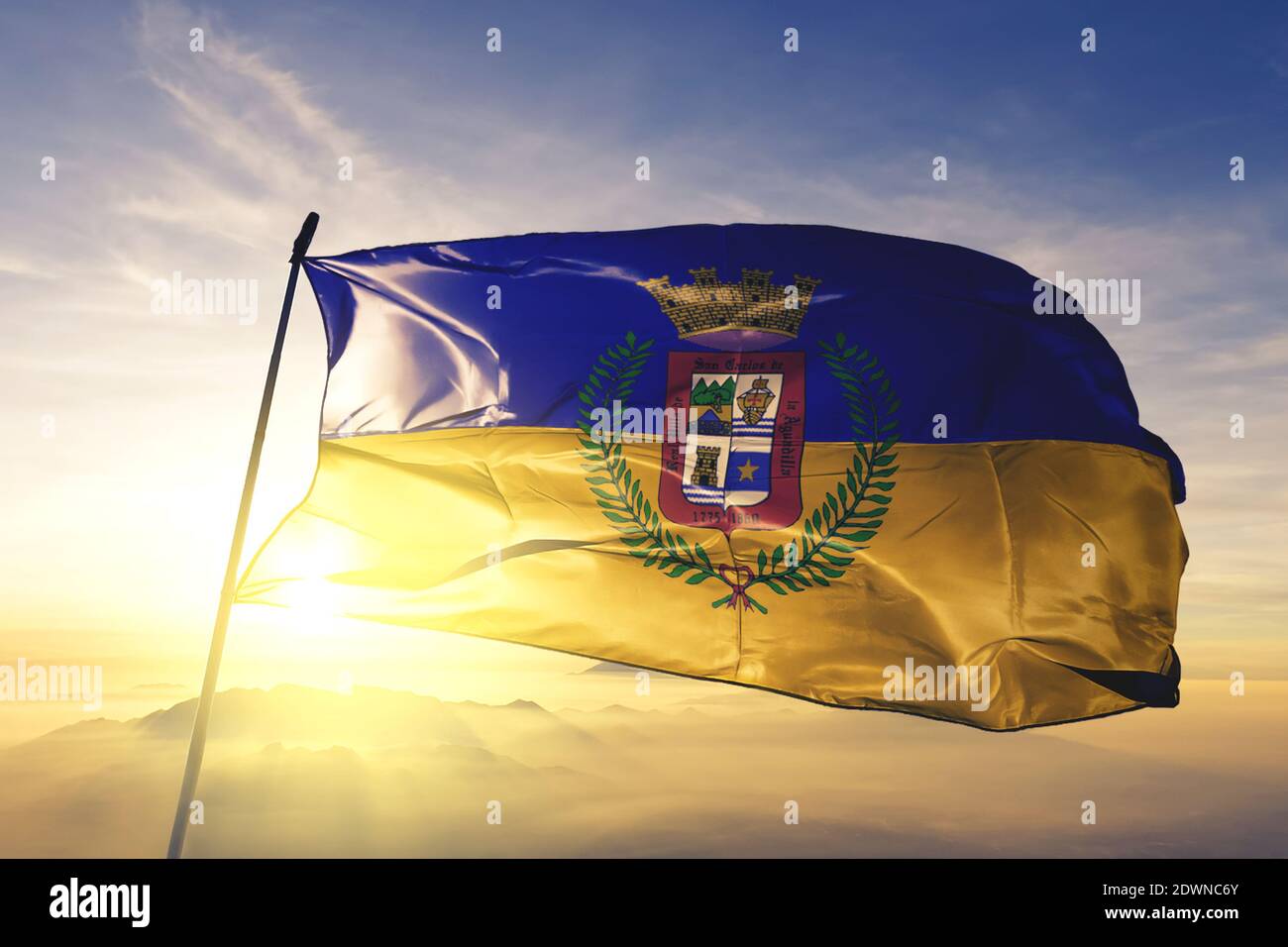 Aguadilla municipality of Puerto Rico flag waving on the top sunrise ...