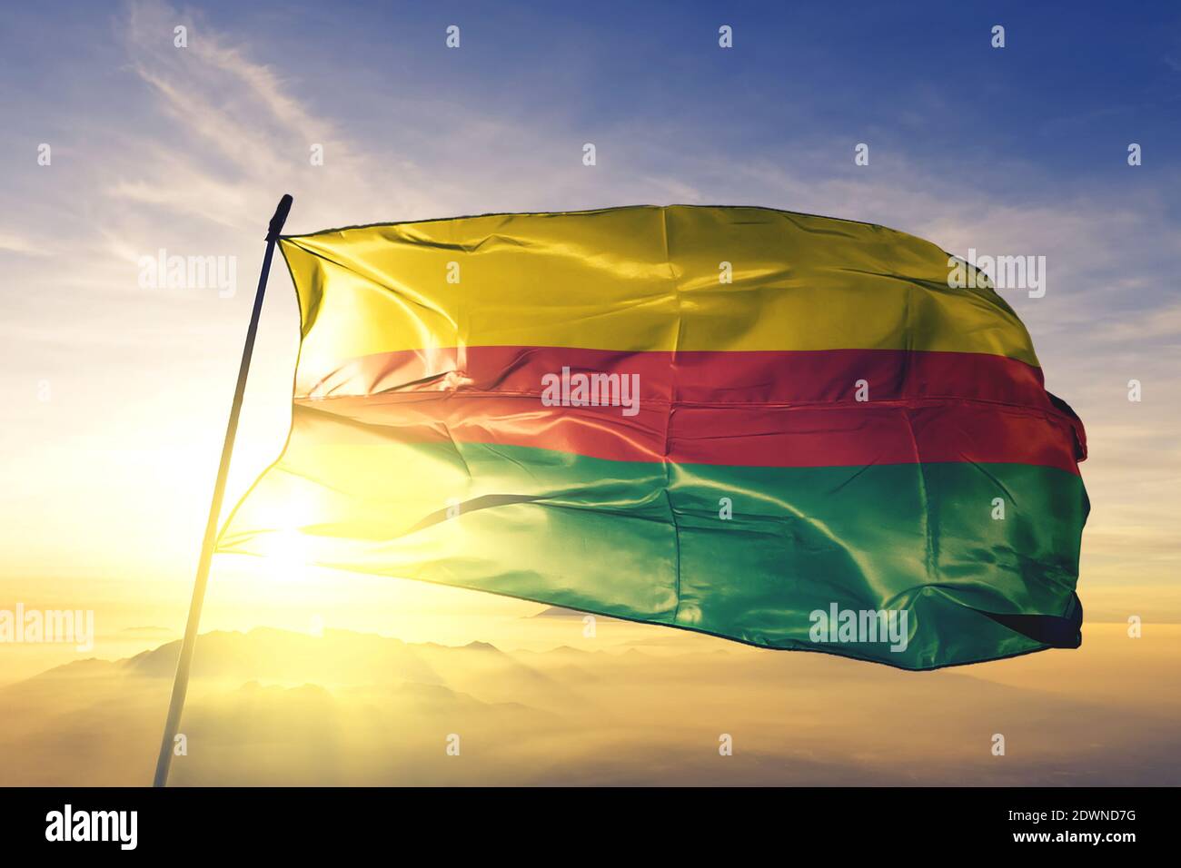 Humacao municipality of Puerto Rico flag waving on the top sunrise mist ...
