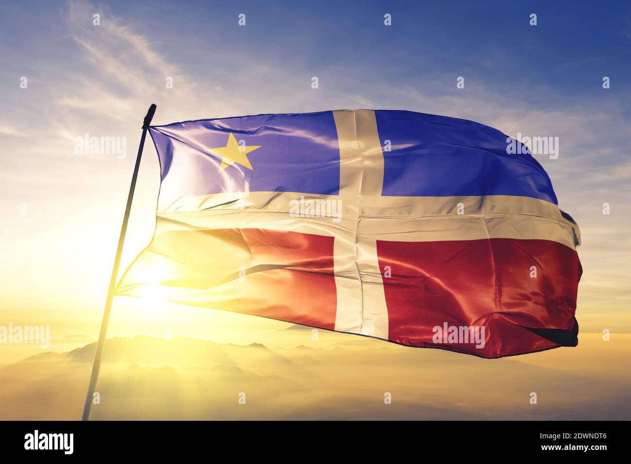 Lares municipality of Puerto Rico flag waving on the top sunrise mist ...