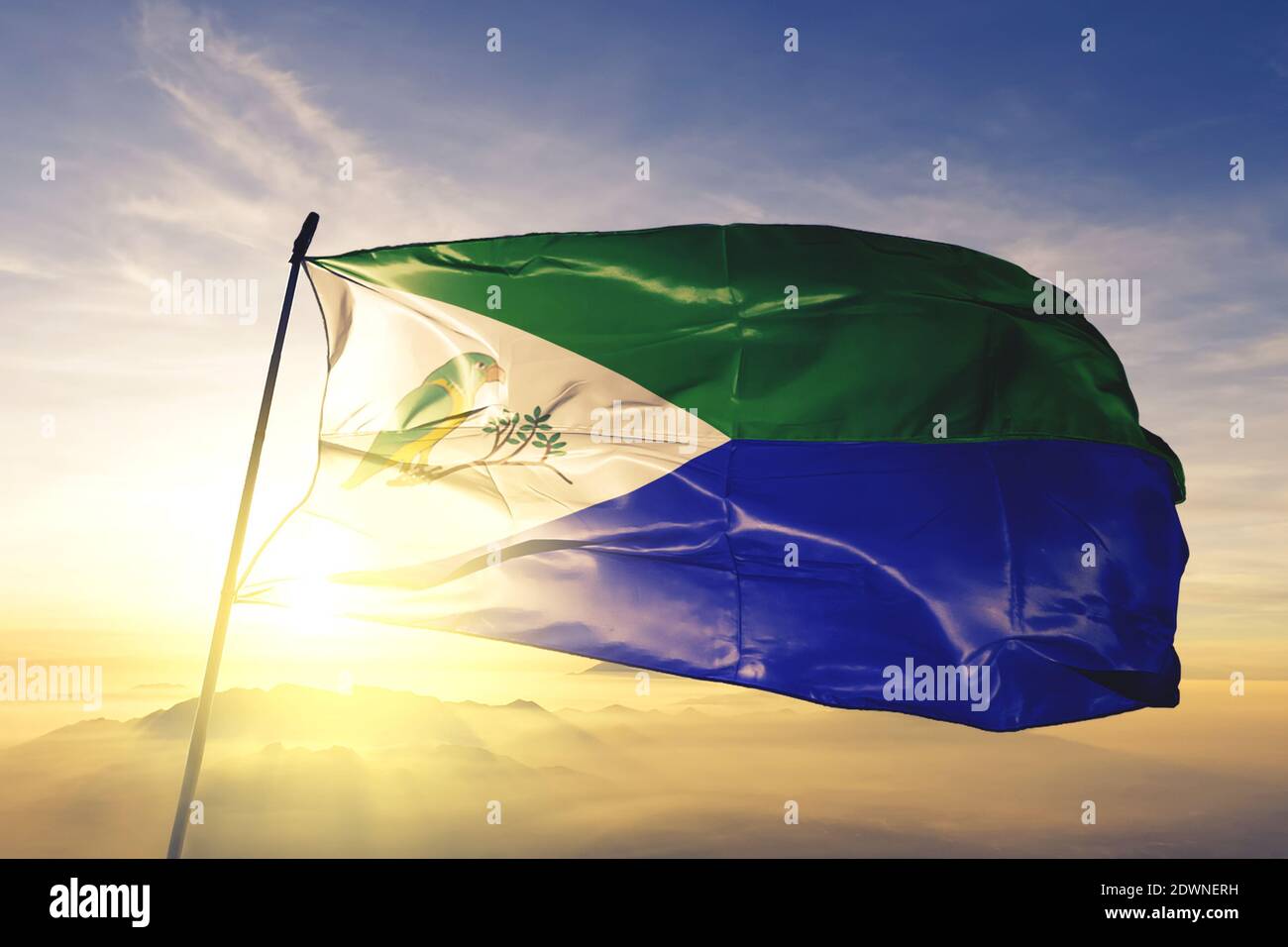 Rio Grande municipality of Puerto Rico flag waving on the top sunrise ...