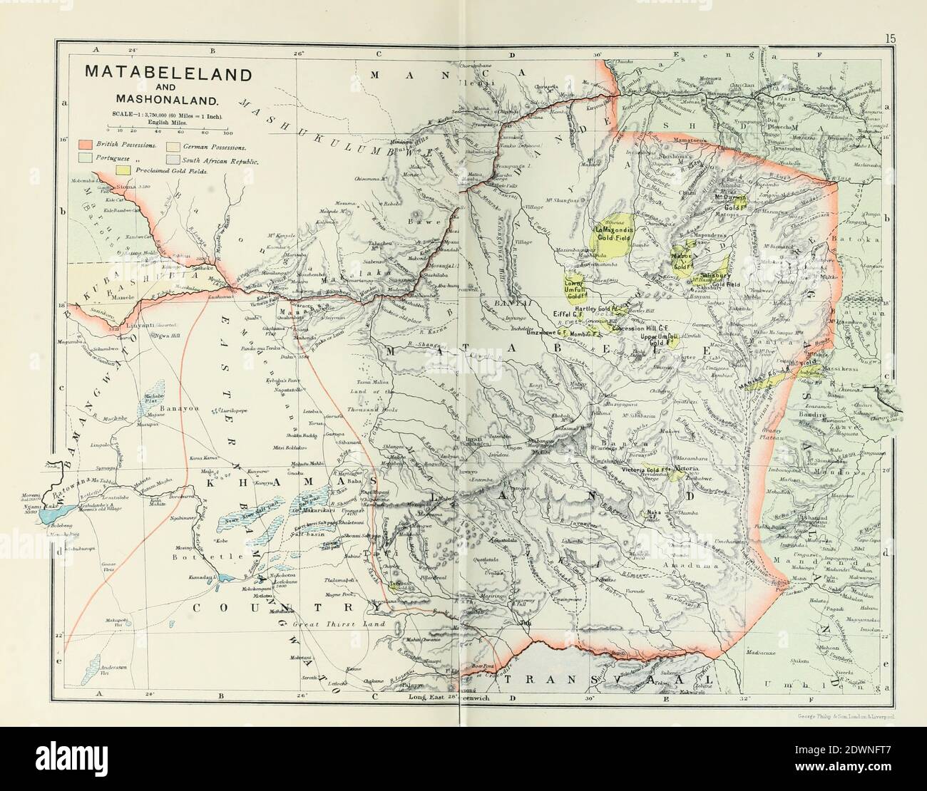 Ancient map of Matabeleland and Mashonaland, South Africa (1895) from ...