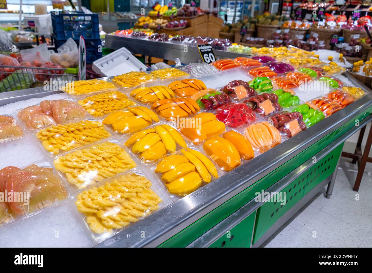 Fruit counters in the grocery section of the supermarket Stock Photo ...