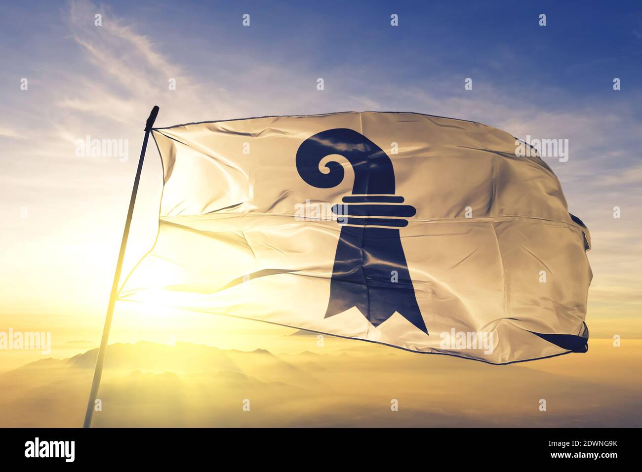 Basel canton of Switzerland flag waving on the top sunrise mist fog ...