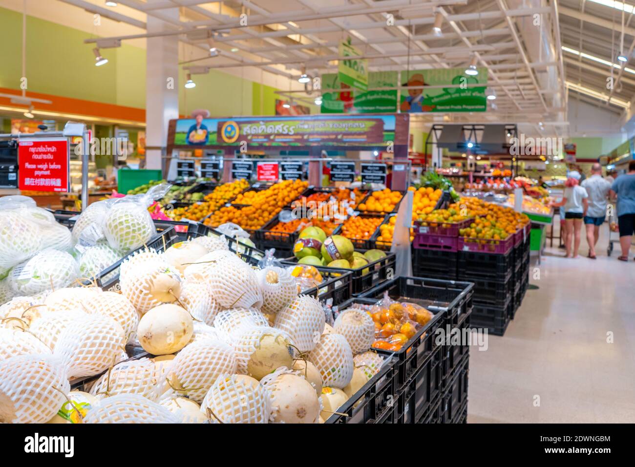 Fruit counters in the grocery section of the supermarket Stock Photo ...