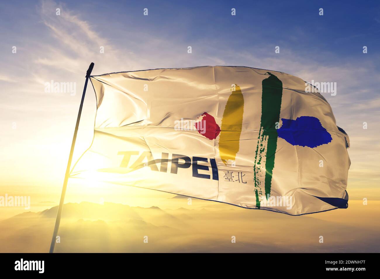 Taipei city of Taiwan flag waving on the top sunrise mist fog Stock ...