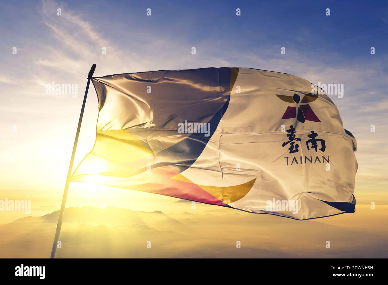 Tainan city of Taiwan flag waving on the top sunrise mist fog Stock ...