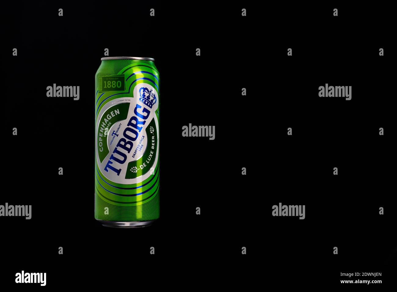 Tuborg beer can isolated on black background. Bucharest, Romania, 2020 ...