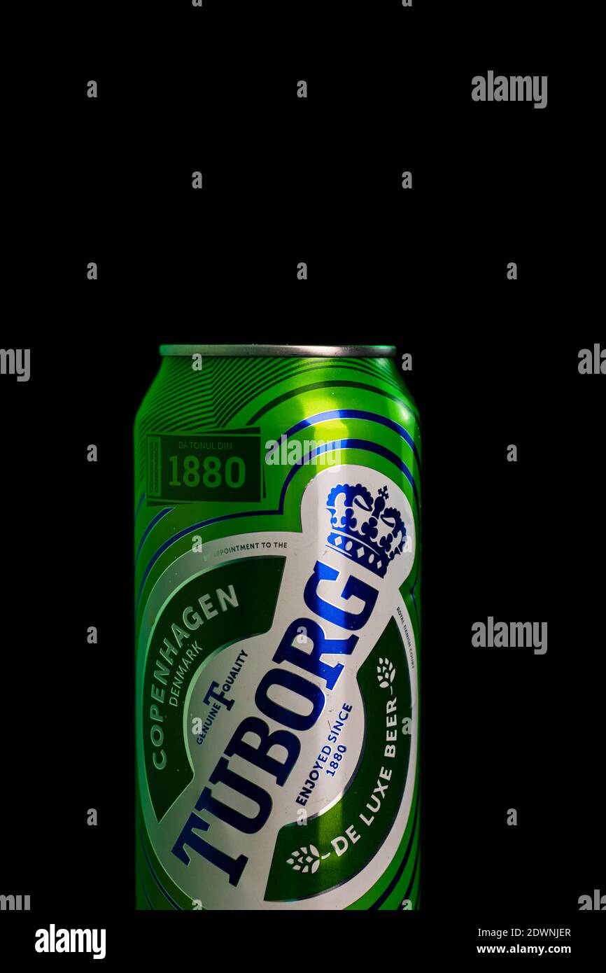 Tuborg beer can isolated on black background. Bucharest, Romania, 2020 ...