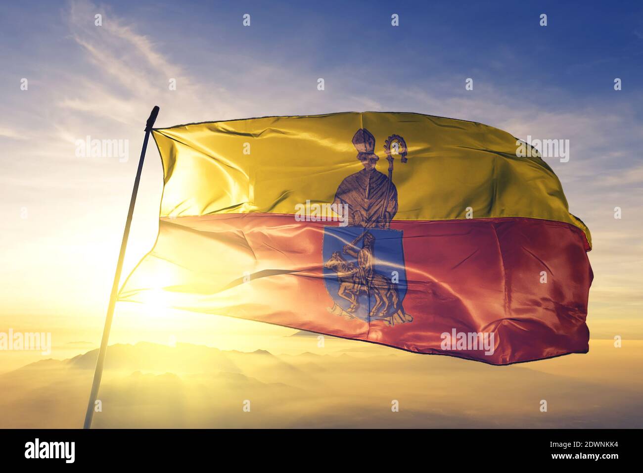 Herstal of Liege of Belgium flag waving on the top sunrise mist fog ...