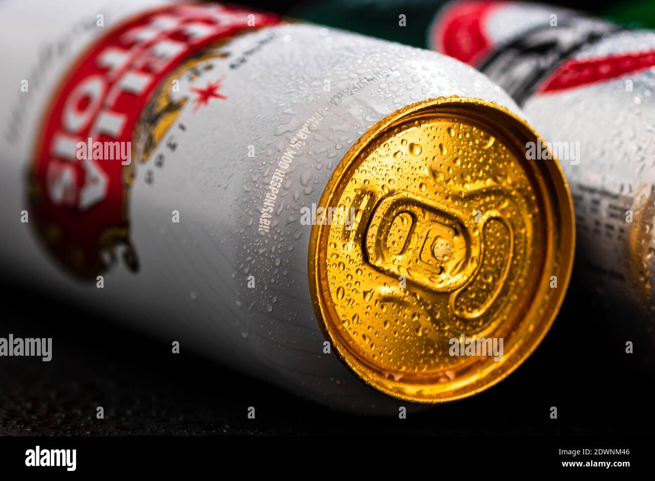 Condensation water droplets on beer cans isolated on black. Bucharest ...