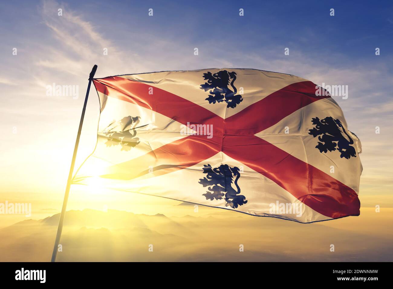 Seraing of Liege of Belgium flag waving on the top sunrise mist fog ...