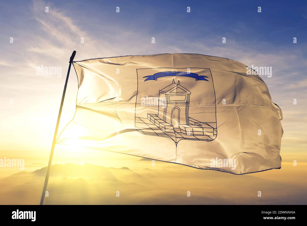 Spa of Liege of Belgium flag waving on the top sunrise mist fog Stock ...